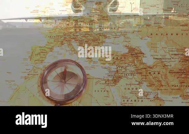 Gradual map overlay initiating brass compass while jet nose taxiing ...