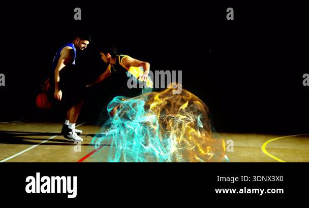 Sports blue-jersey player causing crossover energy dissolving guard ...