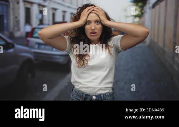 Woman with hands on forehead and mouth open, surprised gaze, standing ...