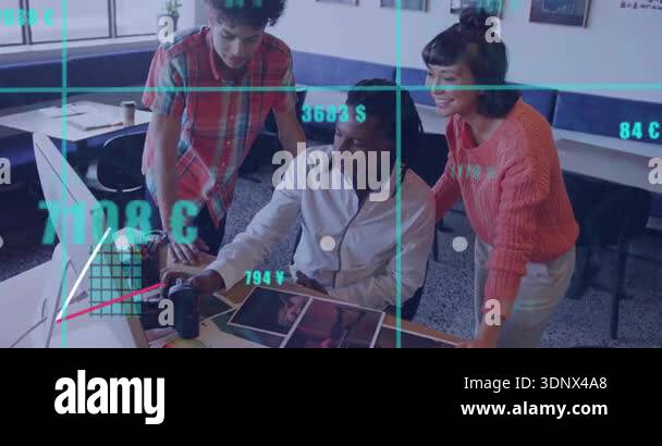 Camera operator scanning prints triggers animated currency charts ...