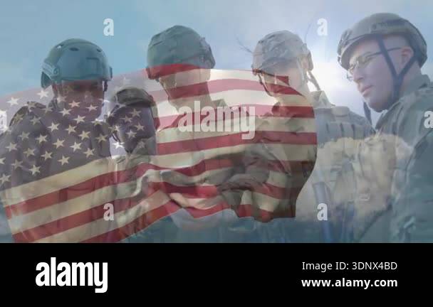 Soldiers tapping handheld device in open field, displaying animated ...