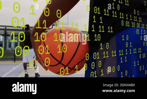Background player responding to code overlay dribbling basketball ...