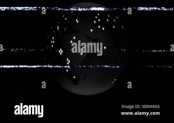 Dark void revealing clear spherical grid globe, rotating while glitch ...