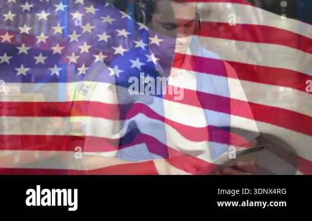 Supervisor tapping tablet while waving flag fading into worker scanning ...