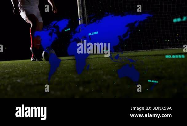Sports analytics graphic fading in under floodlights, soccer player ...