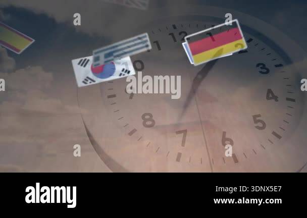 Analog clock face appearing Korean flag floating flags swirling ...