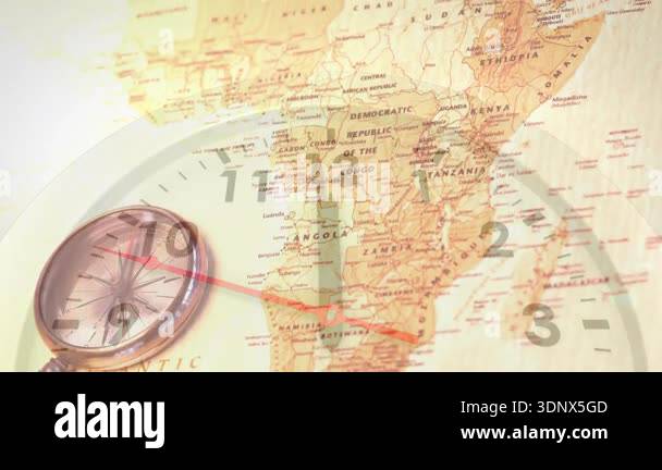 Clock overlay fading in starting hands ticking over Africa map and ...