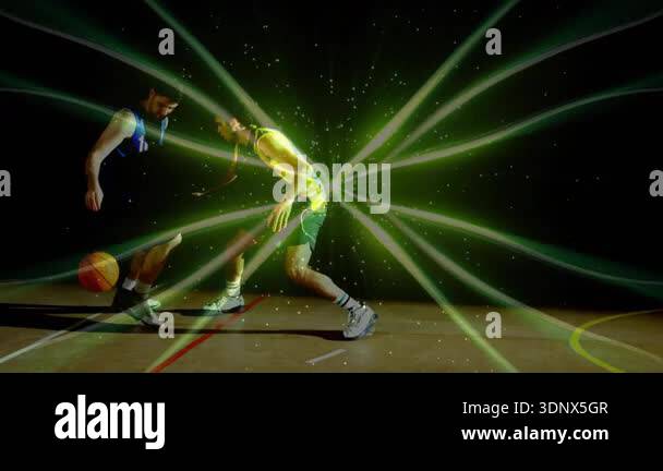 Basketball player dribbling crossover defender chasing green energy ...