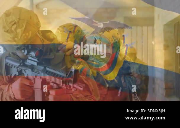 Upon command soldier adjusting scoped rifle stance in military drill ...
