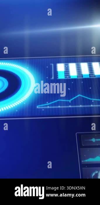 Digital data processing and analysis animation over blue background ...