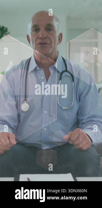 Animation of medical icons over caucasian male doctor having video call ...