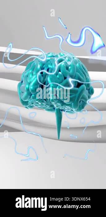 Animation of human brain moving over waving layers on white background ...