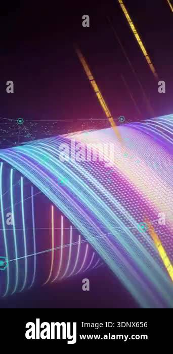 Animation of glowing light trails and connections moving over black ...