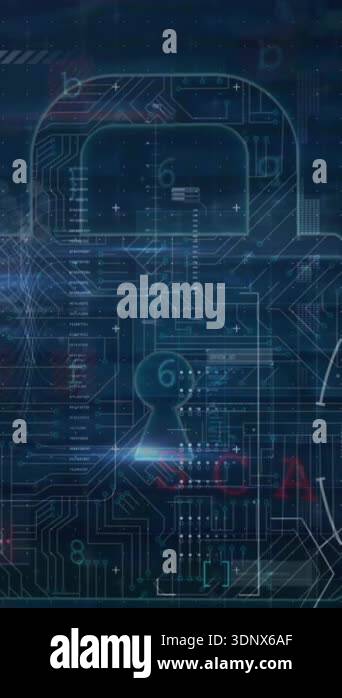 Animation of security padlock and data processing over navy background ...