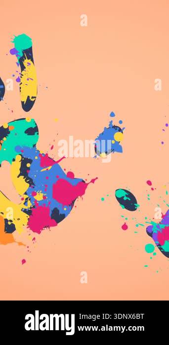 Animation of colorful hand print icons on orange background. school ...