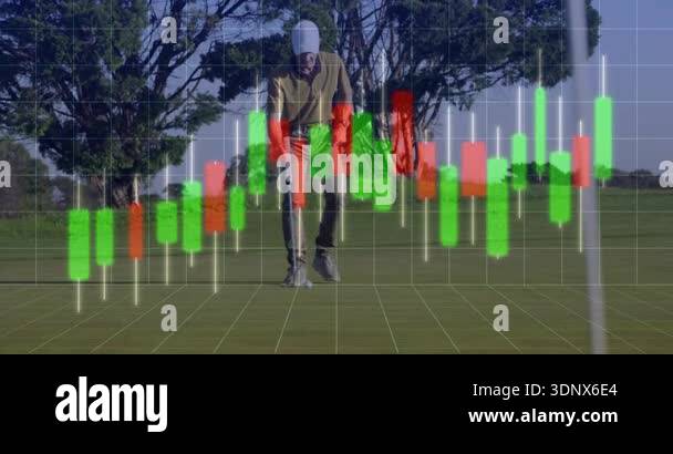 Golfer approaching green activating candlestick chart cleaning ball ...