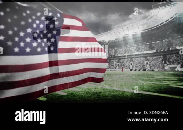 American flag overlay with cross silhouette rippling and waving across ...