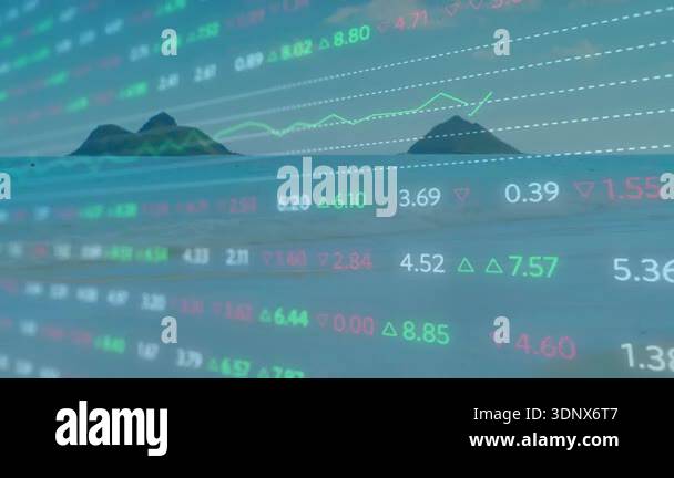 Coastal view opening, financial chart overlay scrolling tickers and ...