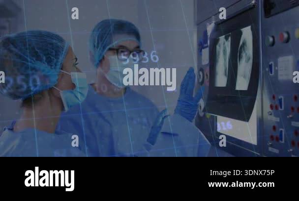 Radiologist turning dial cycling X-rays with data overlay, colleague ...