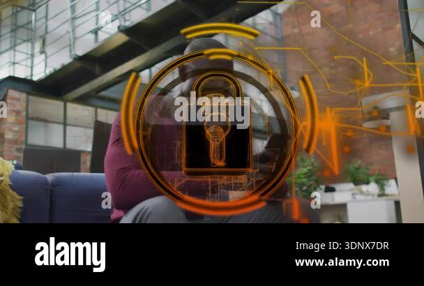 Man raising phone and initiating app login via animated padlock ...