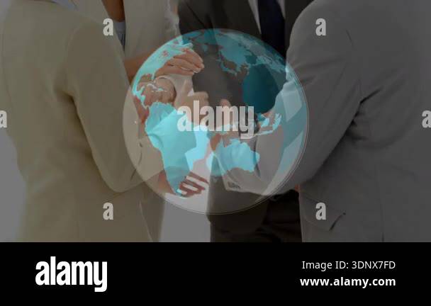 Business team handshaking and initiating globe overlay, linking hands ...