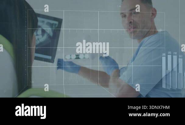 Dentist pointing radiograph as 3D dental grid line graph bar chart ...