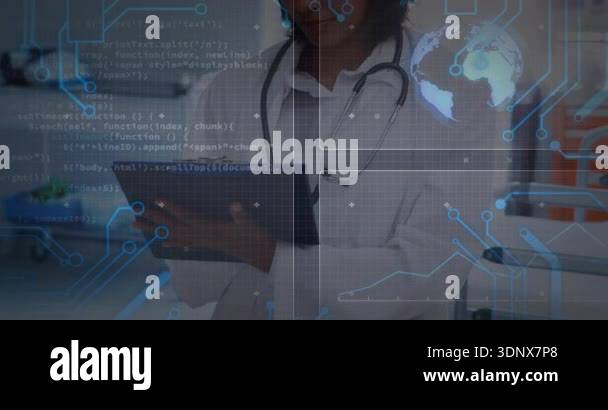 On tapping tablet, doctor scrolling metrics with floating code and ...