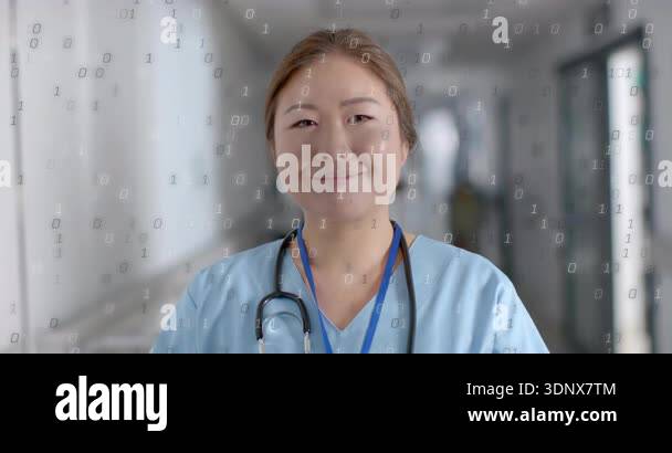 Nurse noticing faint binary digits appearing, growing while laughing ...
