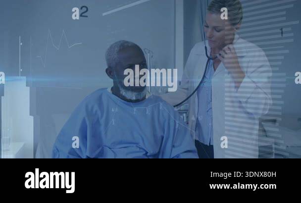 Doctor placing stethoscope on patient back in exam room, monitoring ...