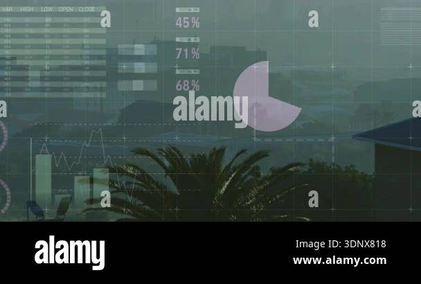 Dashboard overlay starting over hazy skyline animating table sliding ...