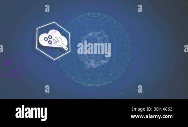 Glowing hexagon icon fading in near globe branching to icons then ...