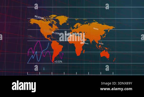 Fading in orange world map, rotating grid, oscillating line graphs ...