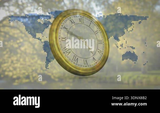 Starting gold clock rotating against dotted world map, advancing hands ...