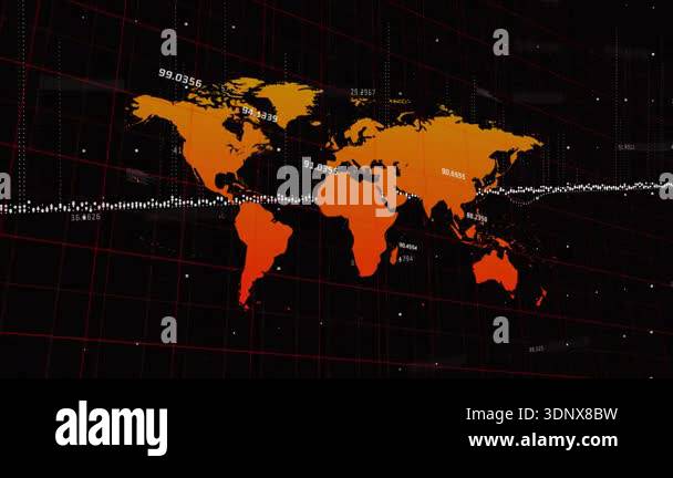 On start world map grid shifting labels while dot stream pulsing ...