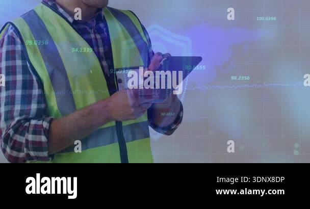 Site worker tapping tablet starting floating data pulsing shield ...