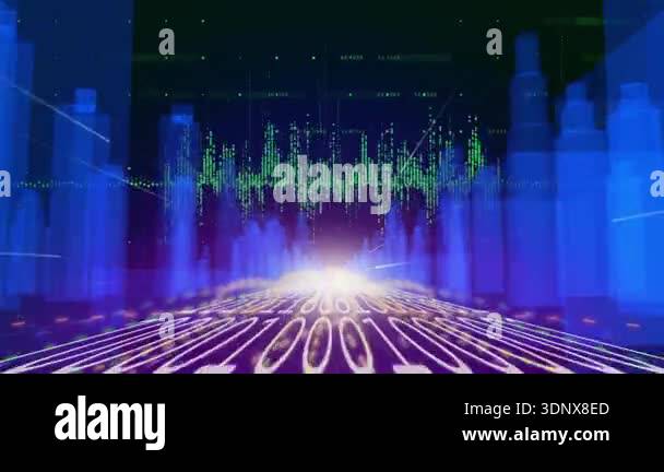 Binary digits scrolling on binary plane, bars rising, waveform pulsing ...