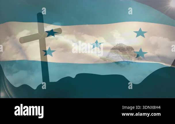 Stylized Honduran flag appearing over sky, cross icon and stars waving ...