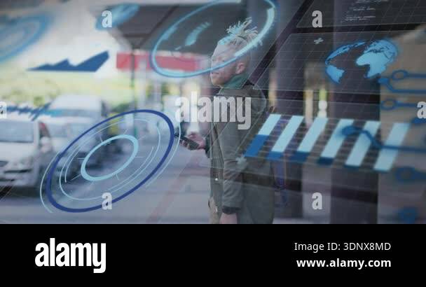 Man raising smartphone activating AR, tapping screen scanning charts ...