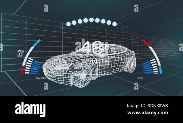Wireframe car speed reading rising triggers gauges and rings showing ...