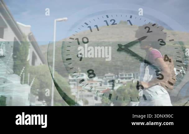 Backpack-wearing woman walking while analog clock overlay advancing ...
