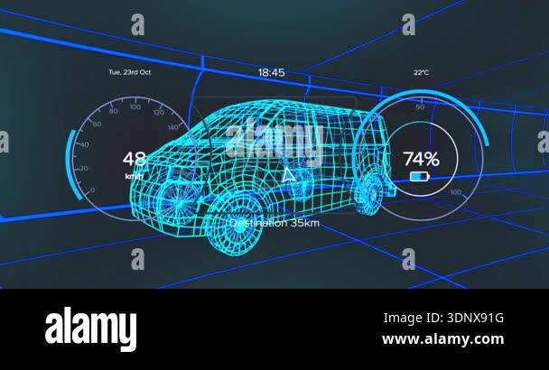 On clock appearing wireframe van HUD updating speed climbing and ...