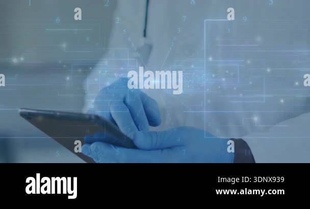 Gloved hands tapping tablet activating floating data, camera zooming ...