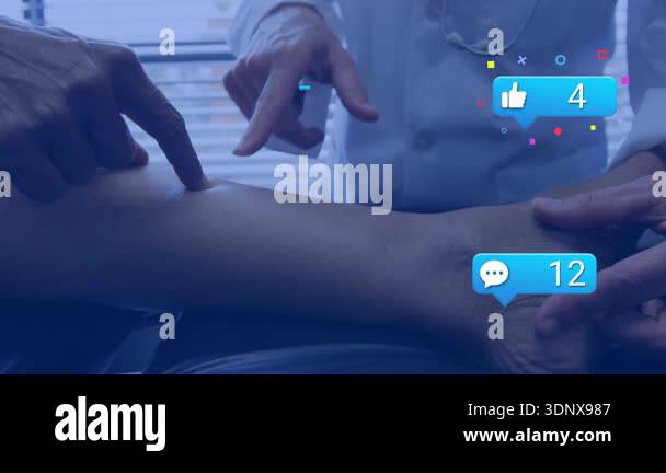 Doctor palpating patient leg on medical table, creating animated icons ...