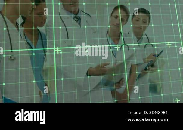Grid overlay appearing over four doctors in corridor leaning on ...