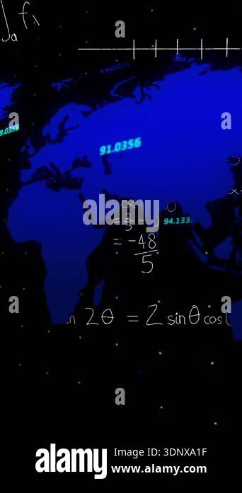 Animation of mathematical equations over world map on black background ...