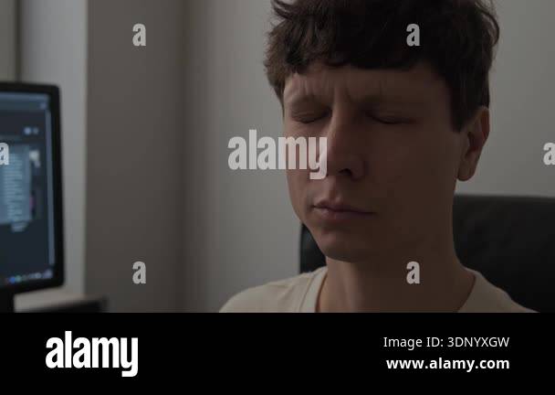 Eye exercises for computer users, office worker man doing vision ...