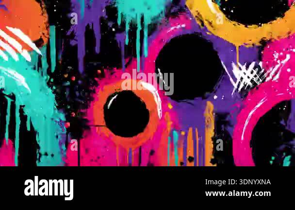 Abstract graffiti paint circles with dripping neon splashes, grunge ...