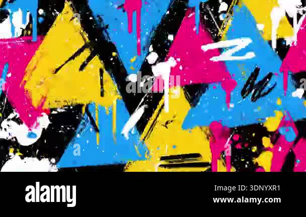 Abstract graffiti triangles background with bold yellow pink blue paint ...