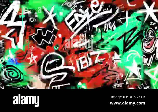 Chaotic graffiti symbols background, red green black color contrast ...
