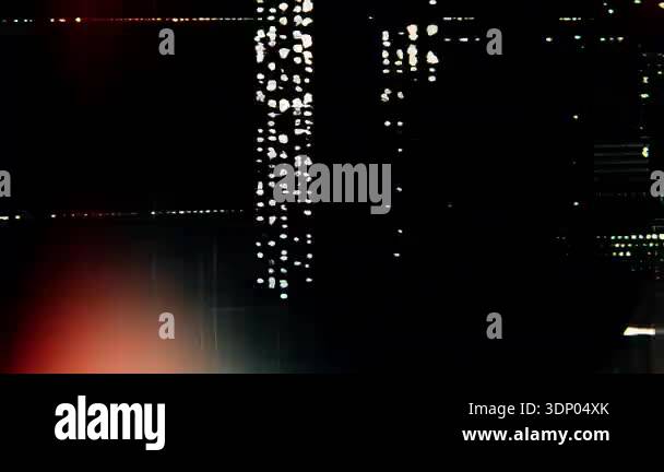 Urban night glitch texture with warm light reflections, horizontal ...